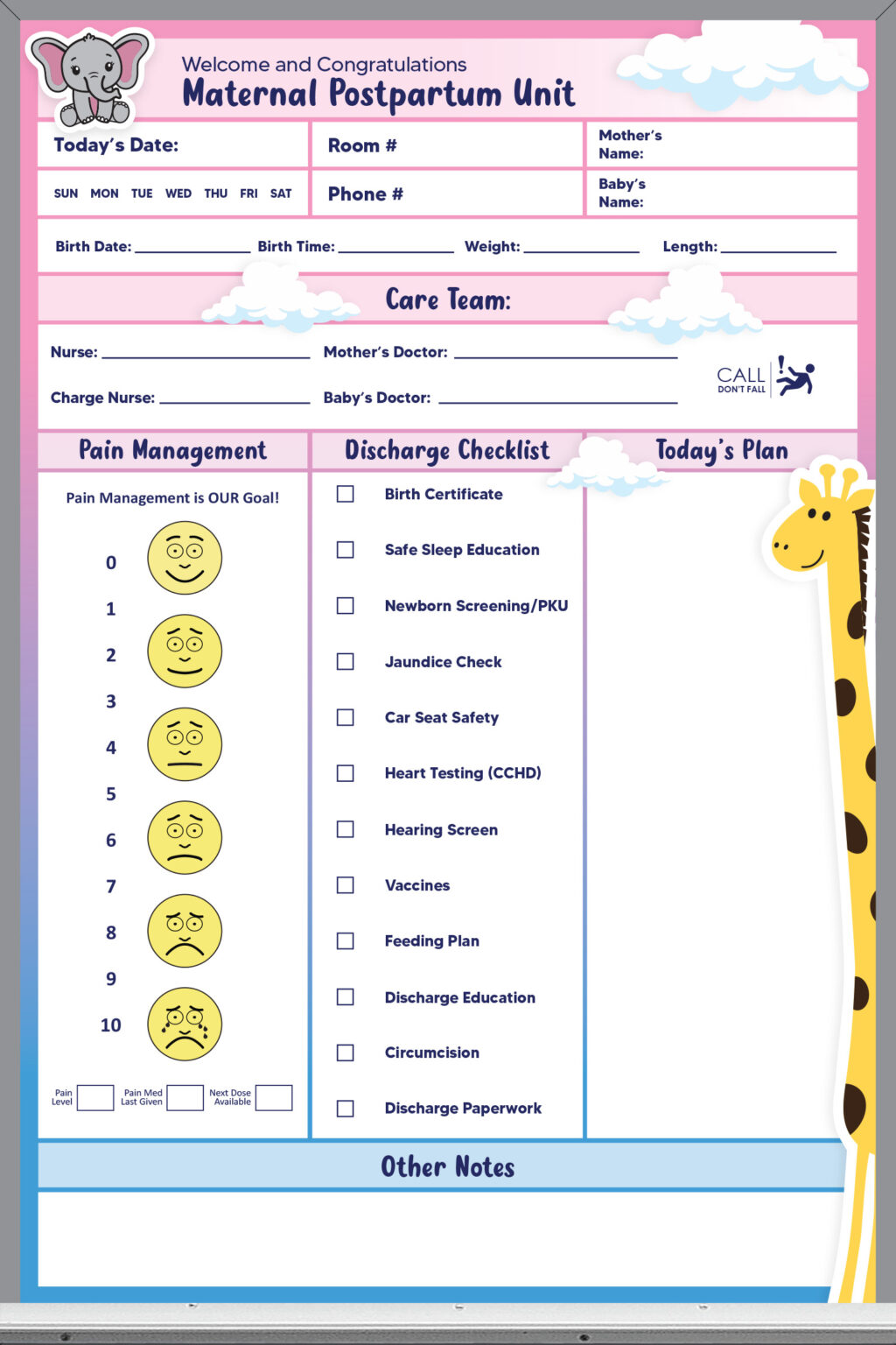 Maternity Room Patient Tracking Whiteboard - Care Notes