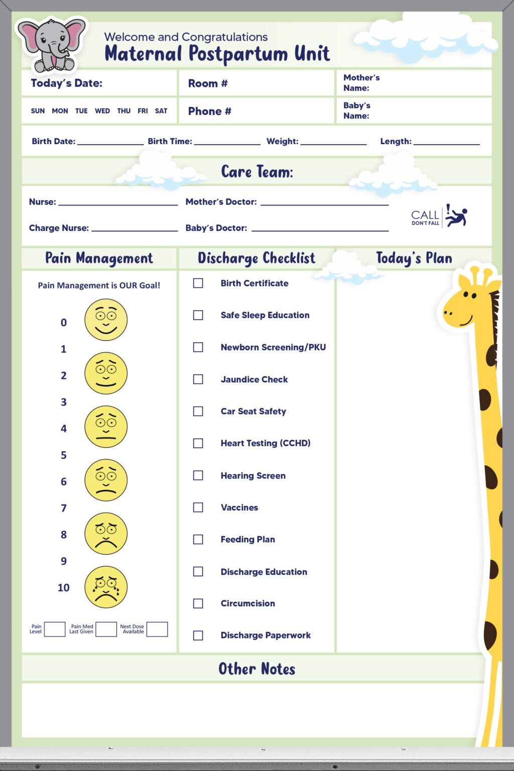 Maternity Room Patient Tracking Whiteboard - Care Notes